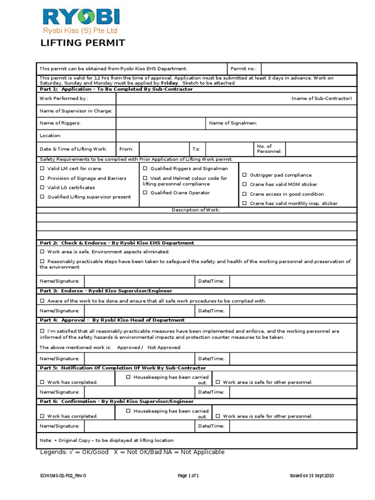 Ryobi Kiso Lifting Permit Guidelines | PDF