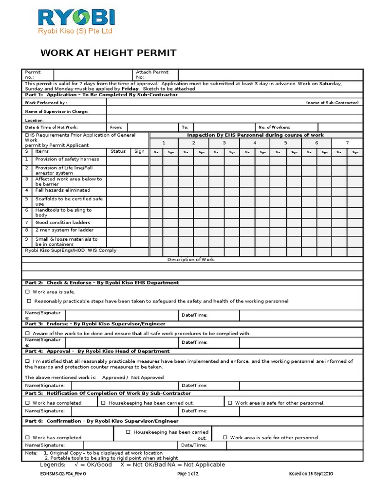 EOHSMS-02-F04 Work at Height Permit | PDF | Justice | Crime & Violence