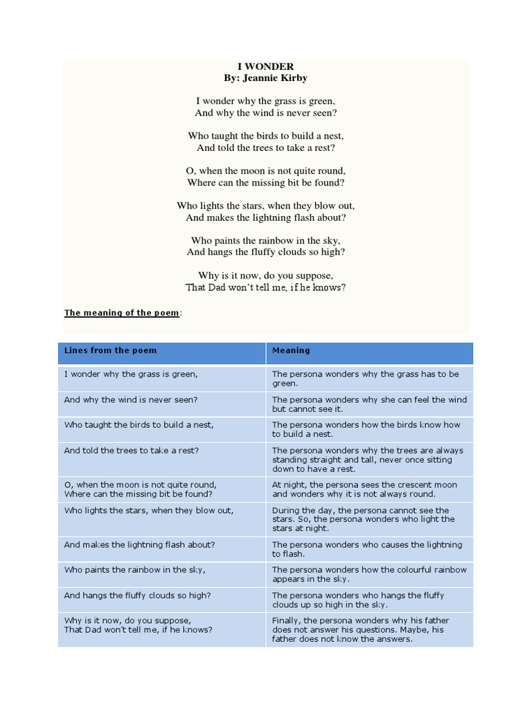 I Wonder By: Jeannie Kirby: The Meaning of The Poem | PDF | Sky | Rainbow