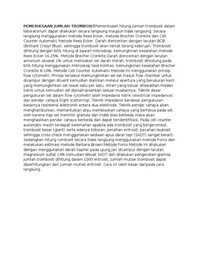 Pemeriksaan Trombosit | PDF | Metode & Bahan Ajar | Teknologi & Rekayasa