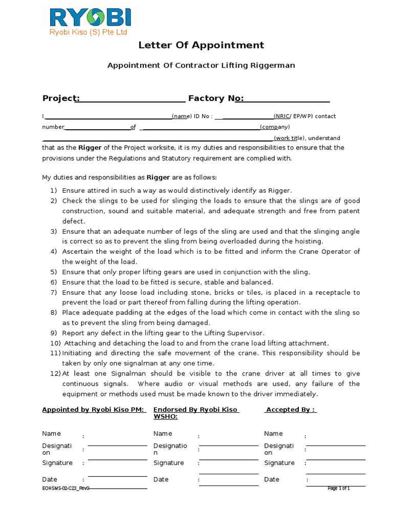 Appointment of Contractor Lifting Riggerman: Duties and ...