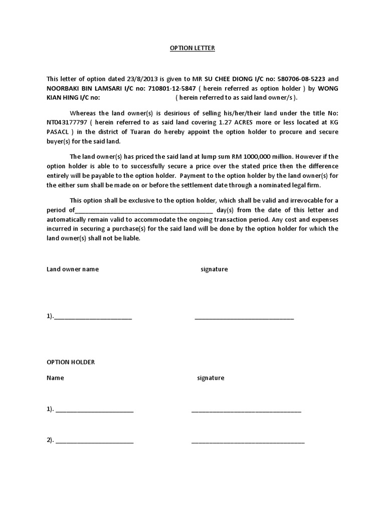 Option Letter | PDF | Prices | Private Law