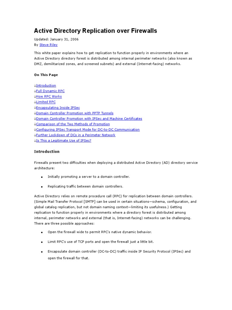 Active Directory Replication Over Firewall | PDF
