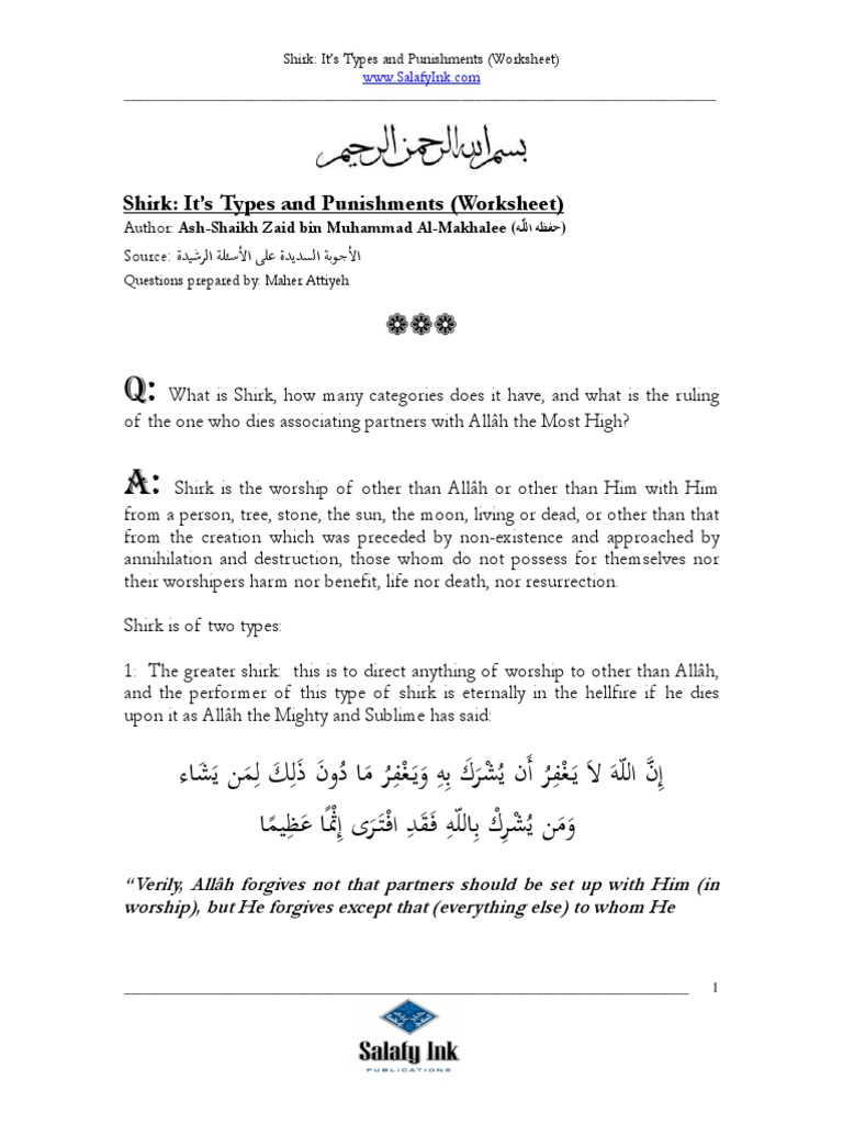 Shirk Types Worksheet | PDF | Theism | Religious Behaviour And Experience