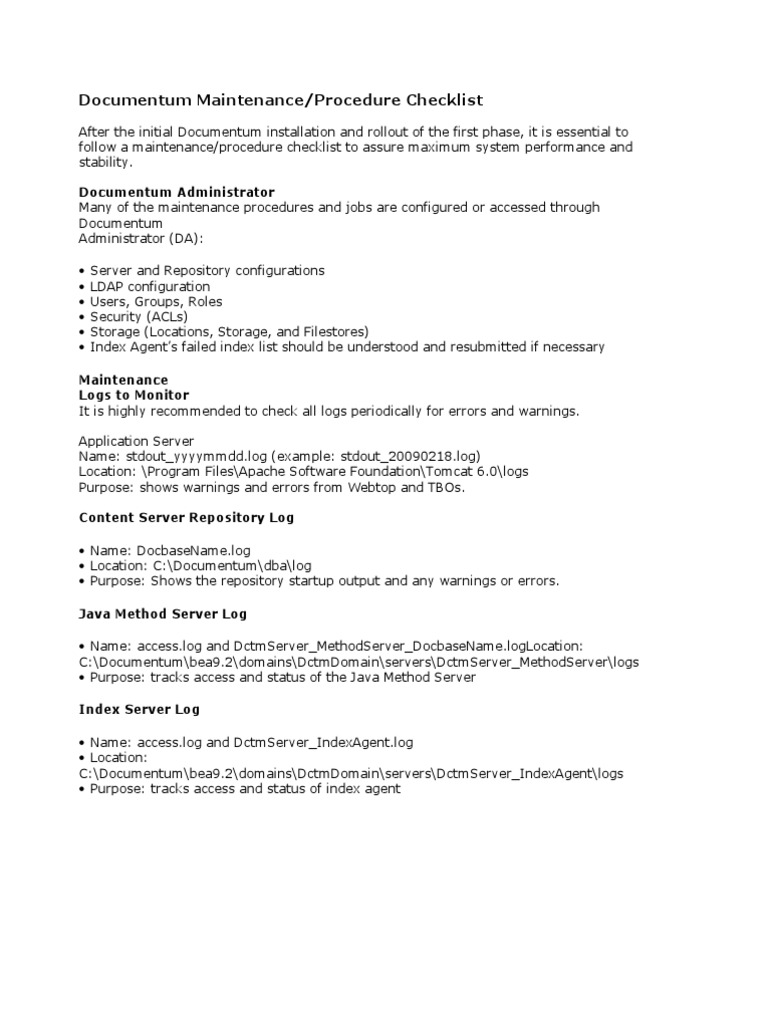 Documentum Maintenance Procedure Checklist | PDF | Backup | Database Index