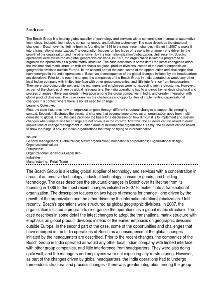 Bosch Case | Organizational Structure | Multinational Corporation