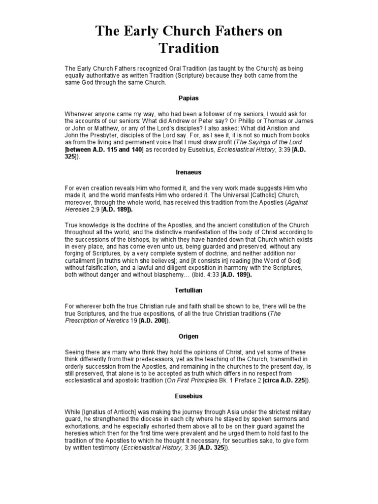 The Early Church Fathers On Tradition | PDF | Church Fathers ...