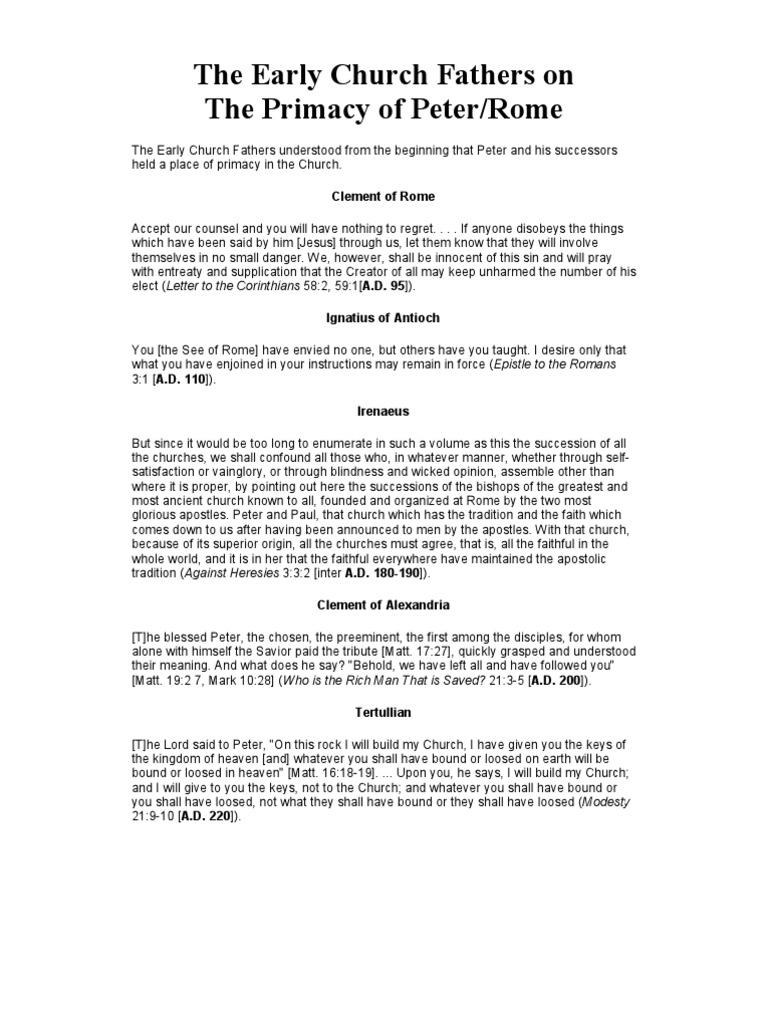 The Early Church Fathers OnThe Primacy of Peter-Rome | PDF | Saint ...