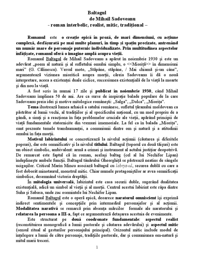 Baltagul - Mihail Sadoveanu - Roman Traditional Obiectiv, Realist ...