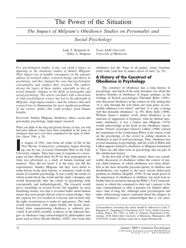Impact of Milgram's Obedience Studies On Personality and Social ...
