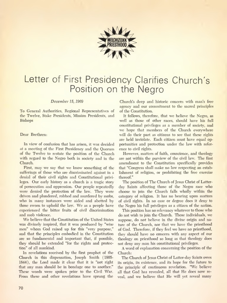 Letter of First Presidency Clarifies Church's Position On The Negro ...