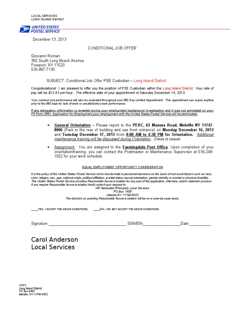 Usps Conditional Job Offer Letter Custodian | PDF | Discrimination ...