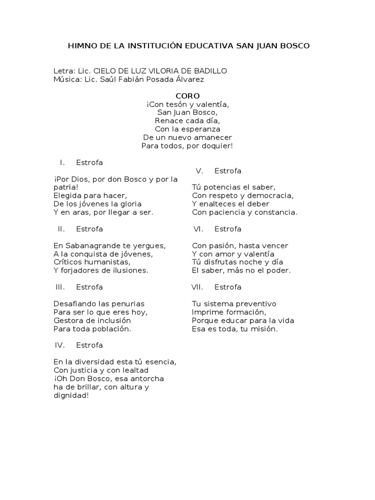Himno de La Institución Educativa San Juan Bosco | PDF