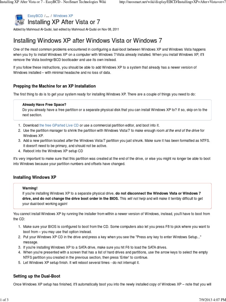 Installing XP After Vista or 7 - Easybcd - Neosmart Technologies Wiki | PDF | Booting | Windows ...