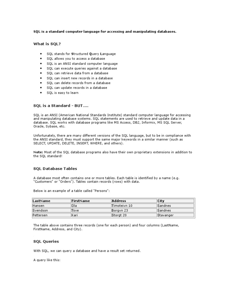 What Is Sql Sql Is A Standard Computer Language For Accessing And Manipulating Databases Pdf
