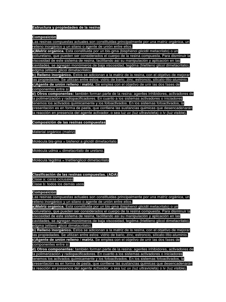 Estructura y Propiedades de La Resina | PDF | Compuesto Dental ...