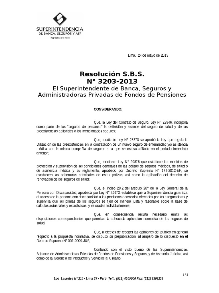Resolución SBS 3203-2013 - Seguros de Salud - Reglamento de Ley 29946 | PDF | Póliza de seguros ...