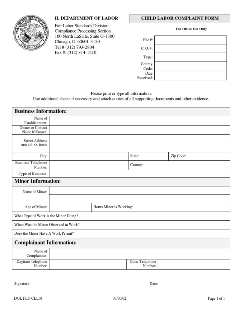 Illinois Child Labor Complaint Form | PDF