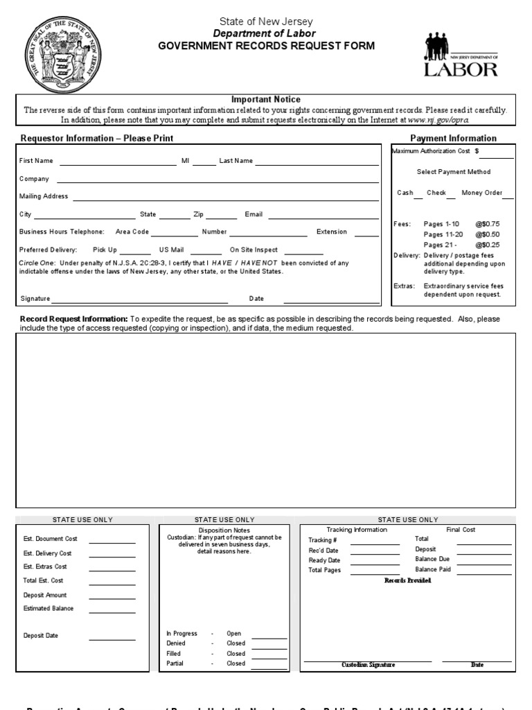Department of Labor: Opra Request Form | PDF | Mail | Government