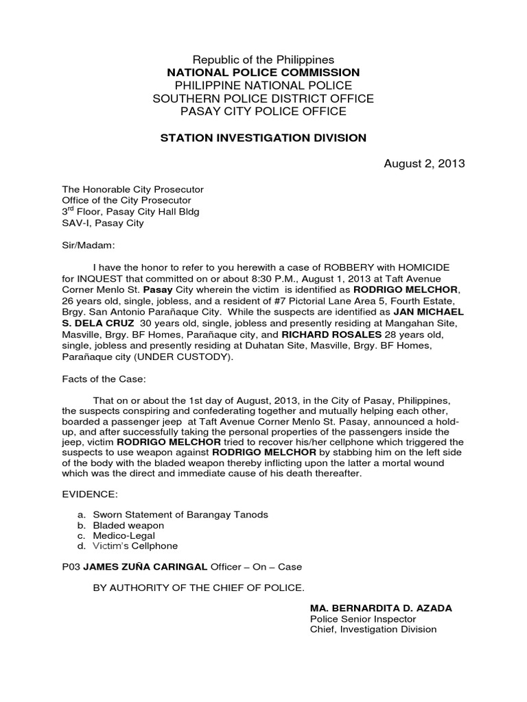 Pasay City Robbery Homicide Case Report | PDF | Mystery, Thriller ...