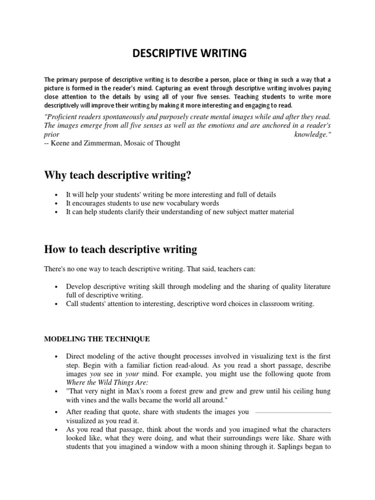 Descriptive Writing | PDF | Mental Image | Reading Comprehension