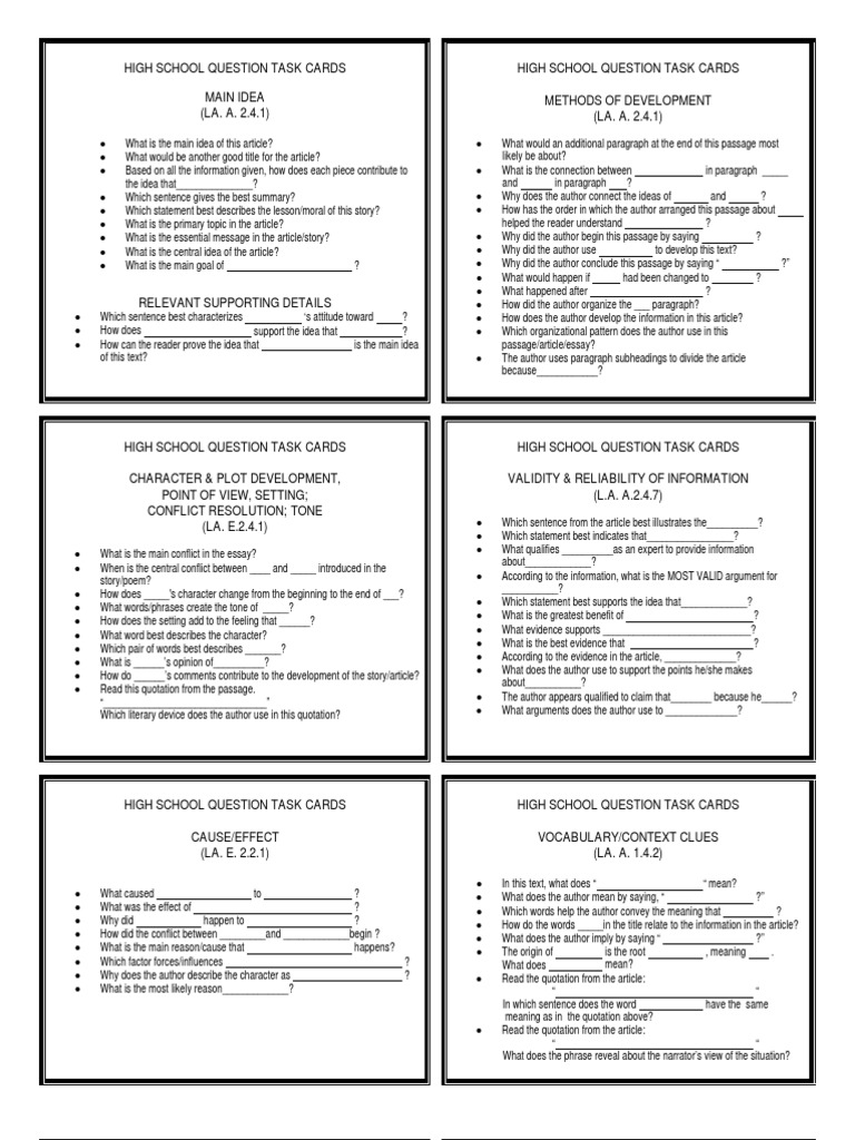 High School Task Cards For Reading | PDF | Concept | Paragraph