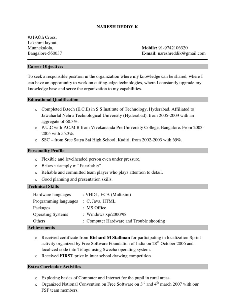 Naresh Reddy Cv Pdf Embedded System Personal Computers