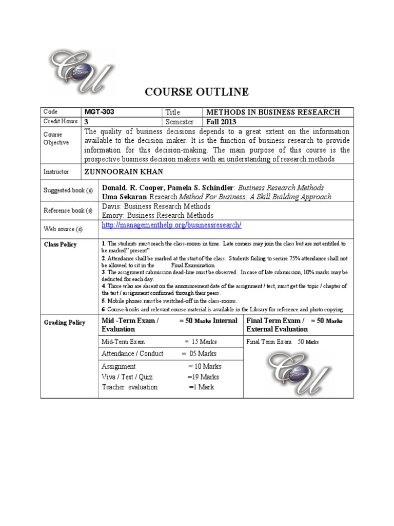 Course Outline: Methods in Business Research 3 Fall 2013 | PDF | Survey ...