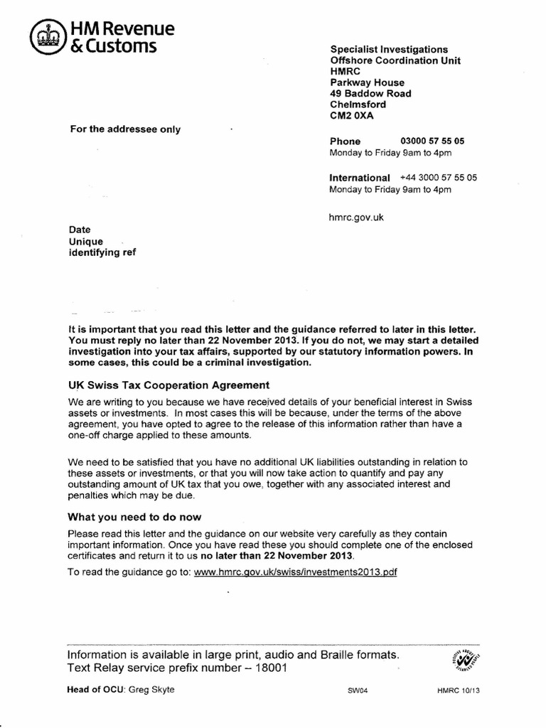 HMRC Letter Regarding Swiss Accounts | PDF | Capital Gains Tax | Taxes