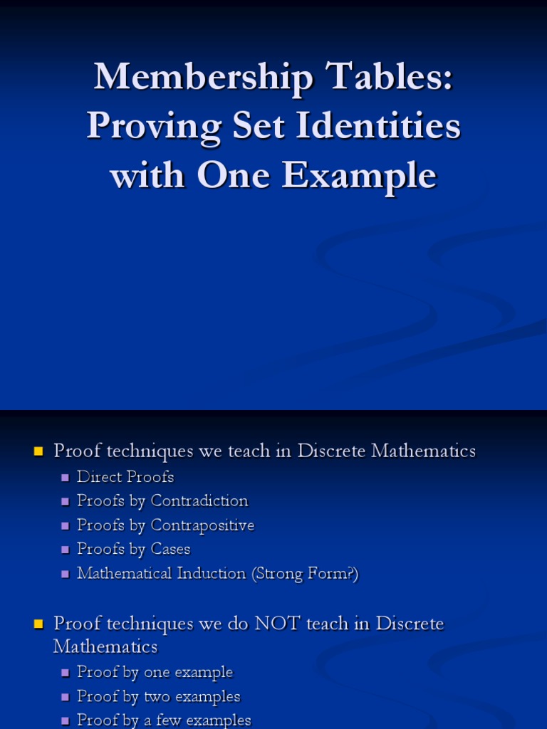 Membership Tables: Proving Set Identities With One Example | PDF