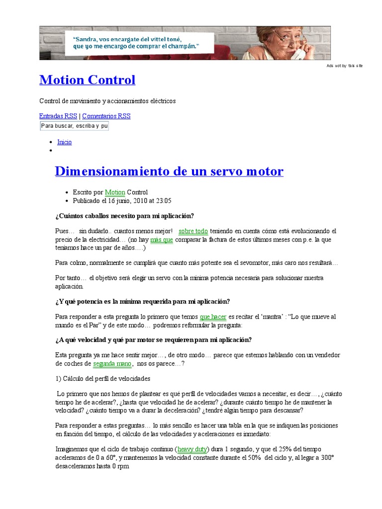 Dimensionamiento de Un Servo Motor - Motion Control | PDF | Esfuerzo de torsión | Velocidad