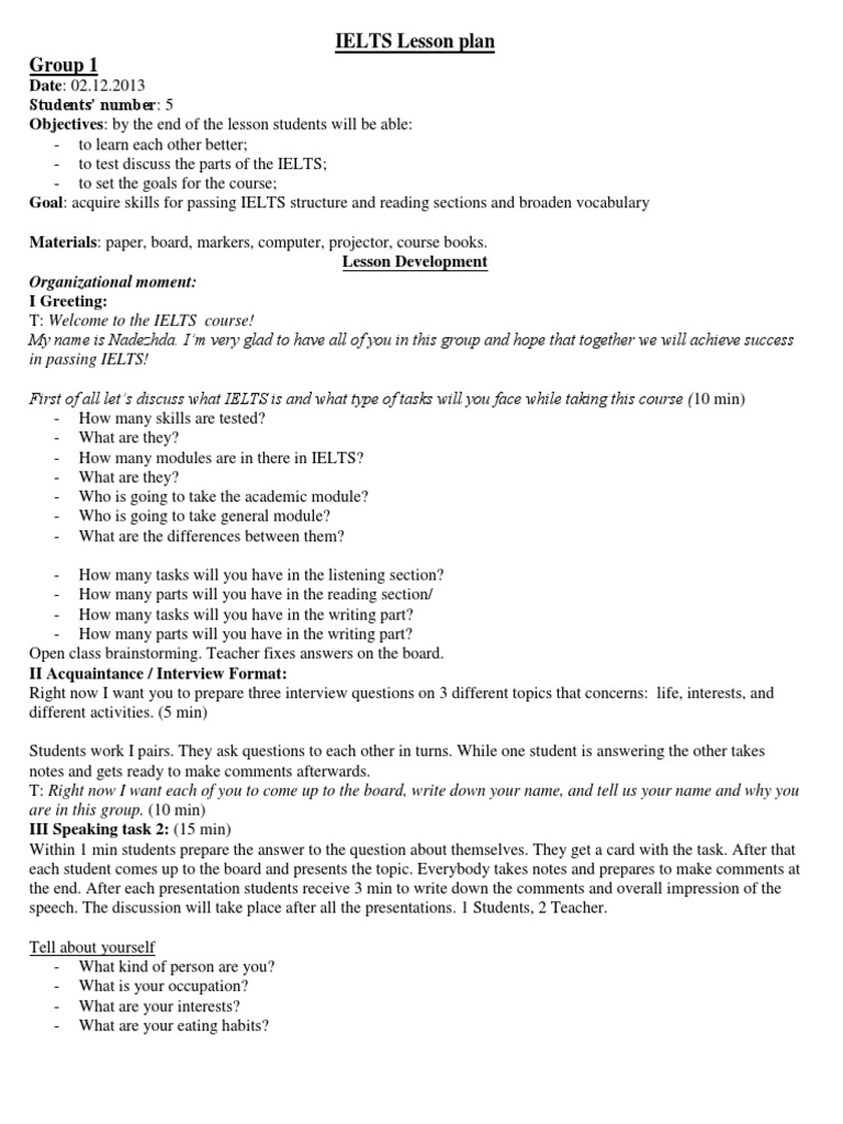 IELTS Lesson Plan 1 | International English Language Testing System ...