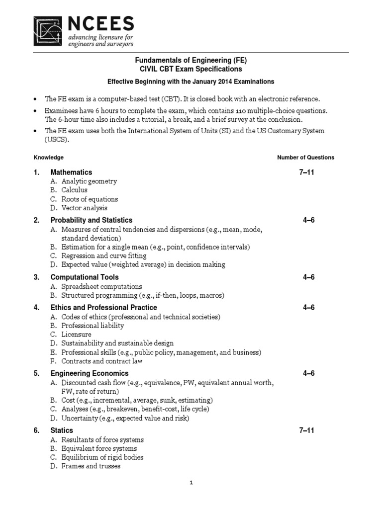 FE Civil CBT Specs With Ranges | PDF