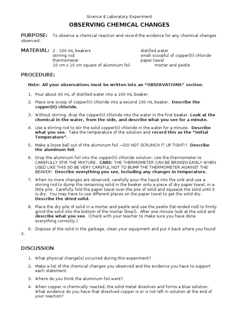 Observing Chemical Changes: Purpose: Material | PDF | Chemistry ...