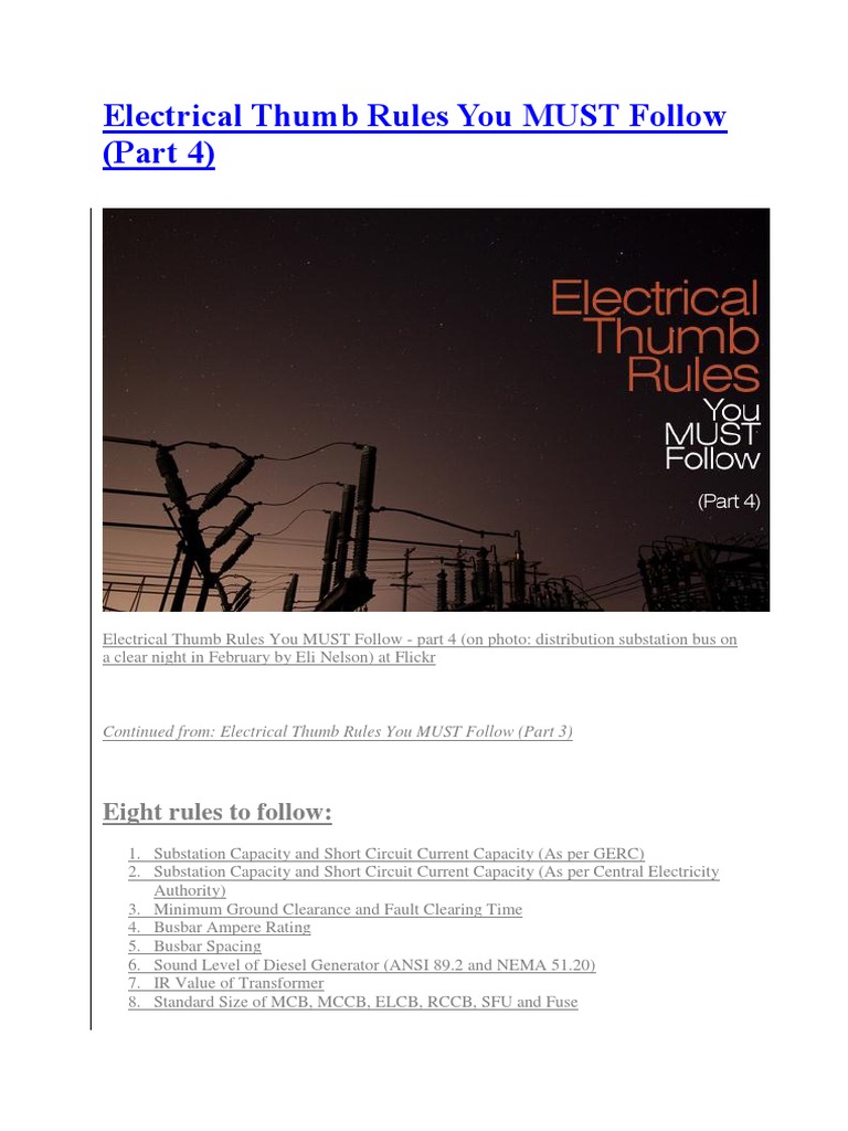 Electrical Thumb Rules You MUST Follow4 | PDF | Electrical Substation | Fuse (Electrical)