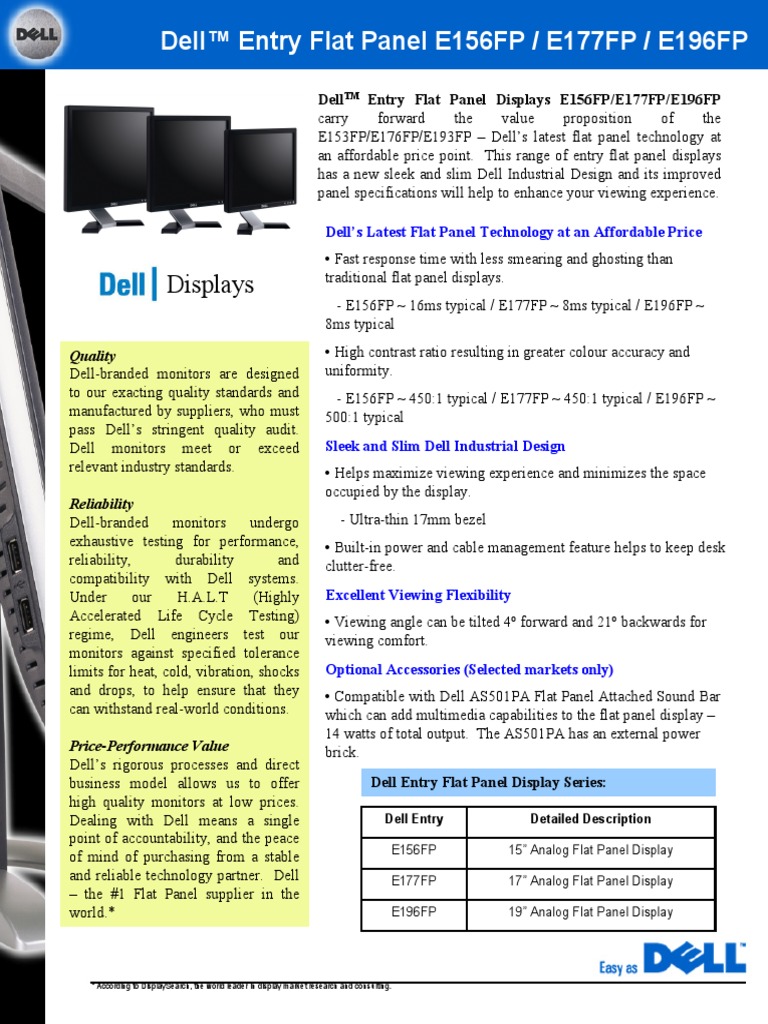 Displays: Dell™ Entry Flat Panel E156FP / E177FP / E196FP | PDF