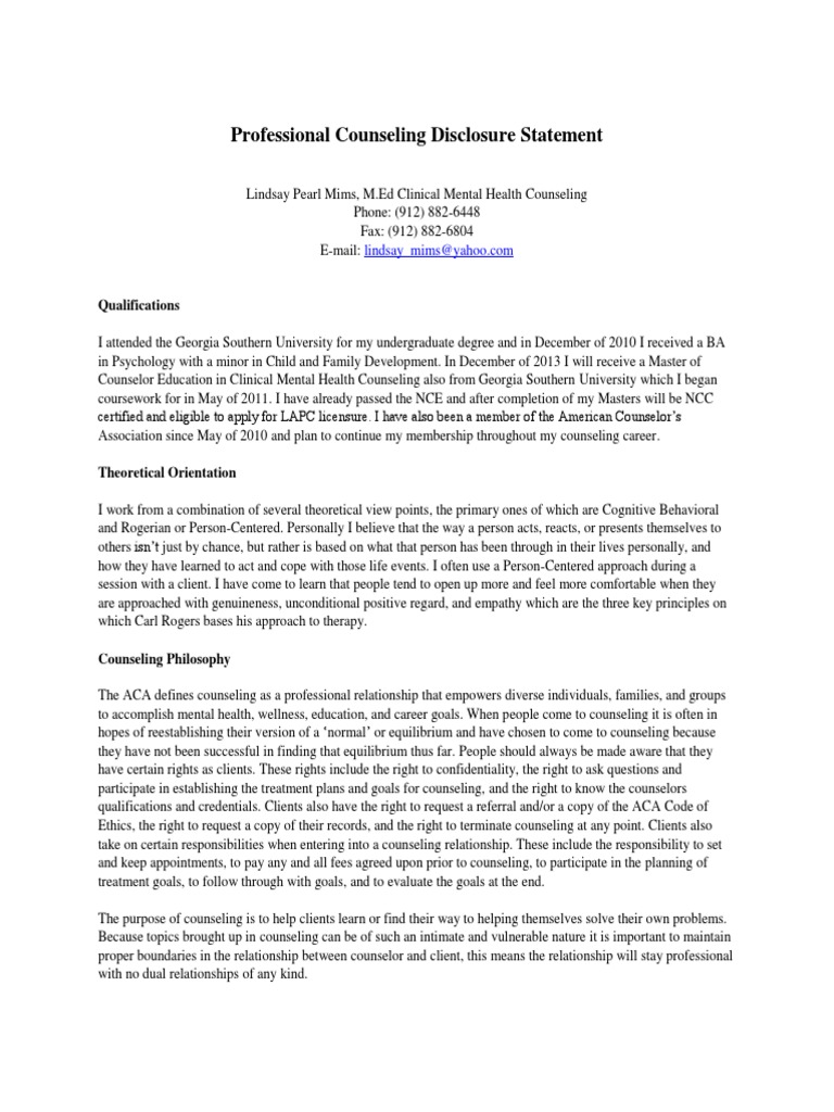 Professional Counseling Disclosure Statement | PDF | Confidentiality ...