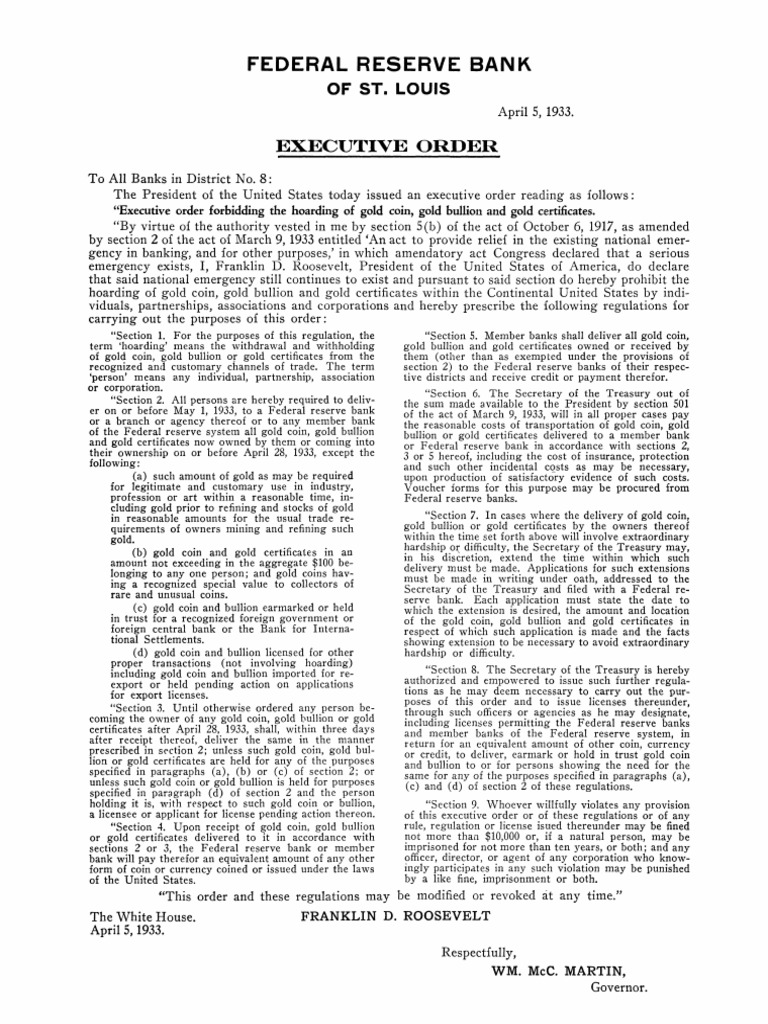 Executive Order on Gold Hoarding Ban | PDF | Gold Certificate ...
