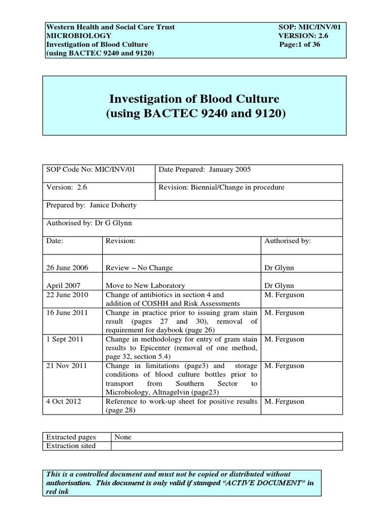 Blood Culture Investigation SOP | PDF | Sepsis | Infection