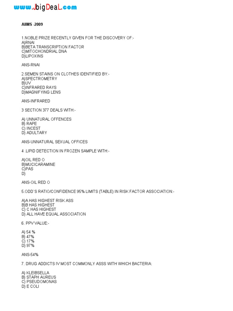 AIIMS (MBBS) Solved Question Paper 2009 | PDF | Lung | Anemia
