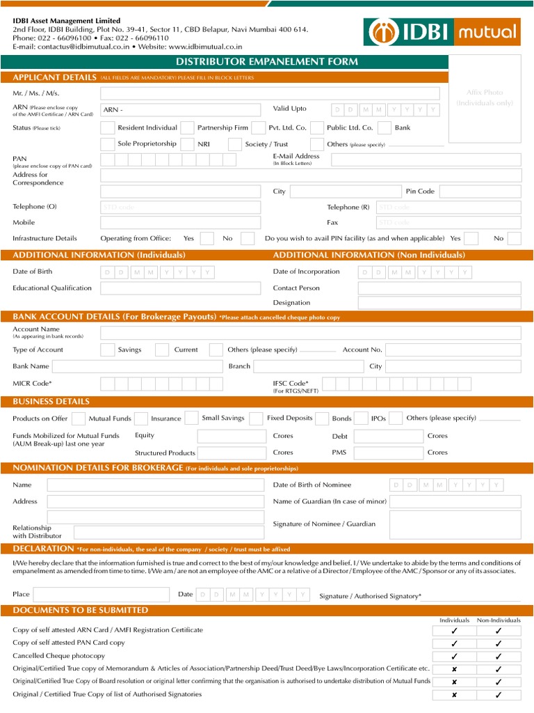 IDBI Distributor Empanelment Form | PDF | Indemnity | Mutual Funds