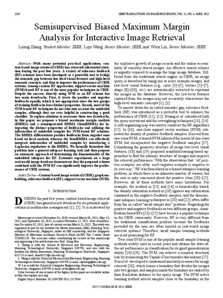 Semisupervised Biased Maximum Margin Analysis For Interactive Image Retrieval | PDF | Support ...