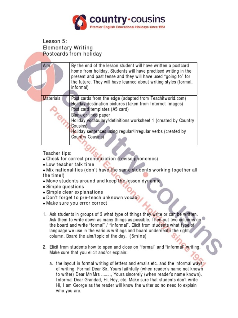 A2 Lesson 5 Writing - Postcards From Holiday | Download Free PDF ...