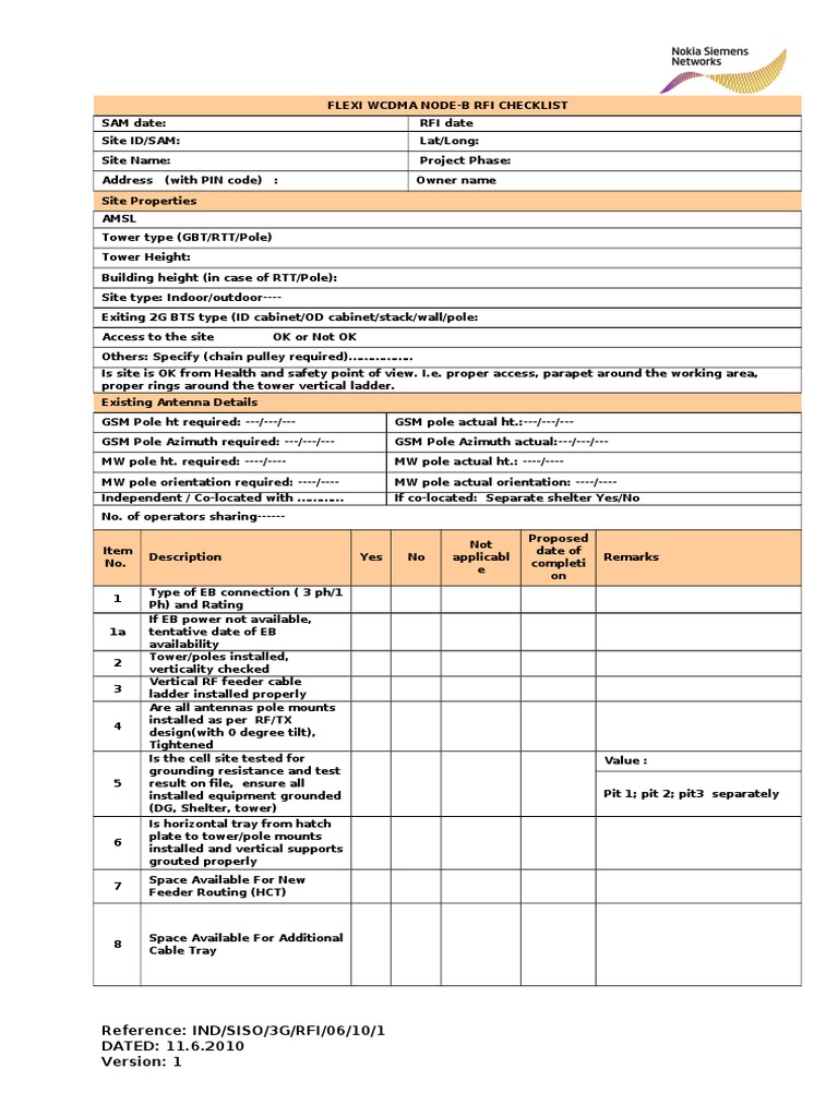 WCDMA Node-B RFI Checklist | PDF | Antenna (Radio) | Cable