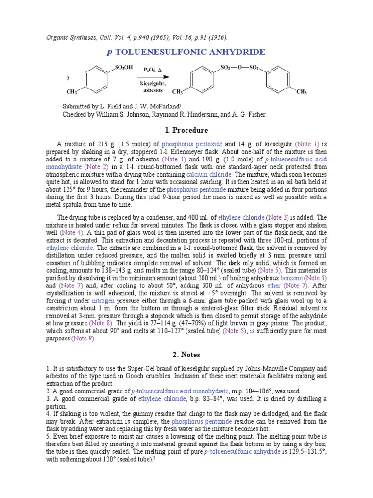 P-ToLUENESULFONIC ANHYDRIDE Ts2O From TsOH P2O5 Kieselguhr Then DCE ...