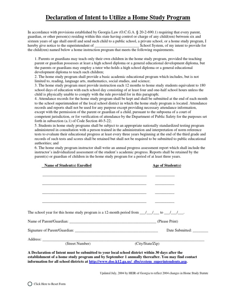 Georgia Homeschool Declaration of Intent | PDF | State School | Parent