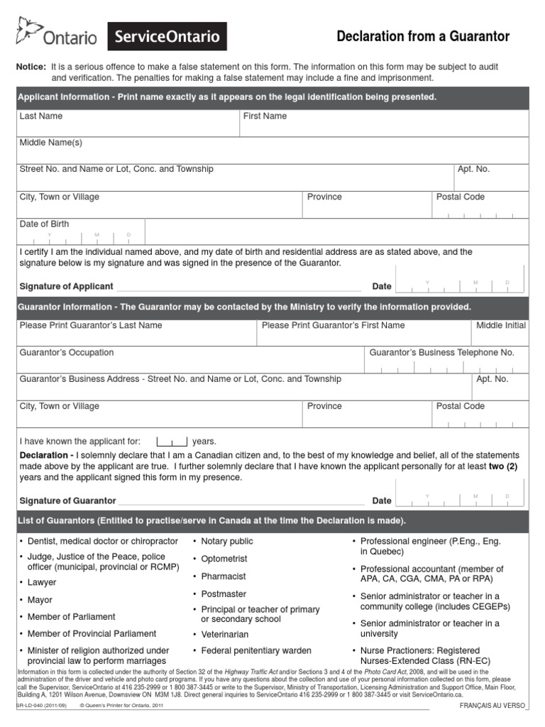 SR-LD-040- Declaration From a Guarantor Form | Canada | Police