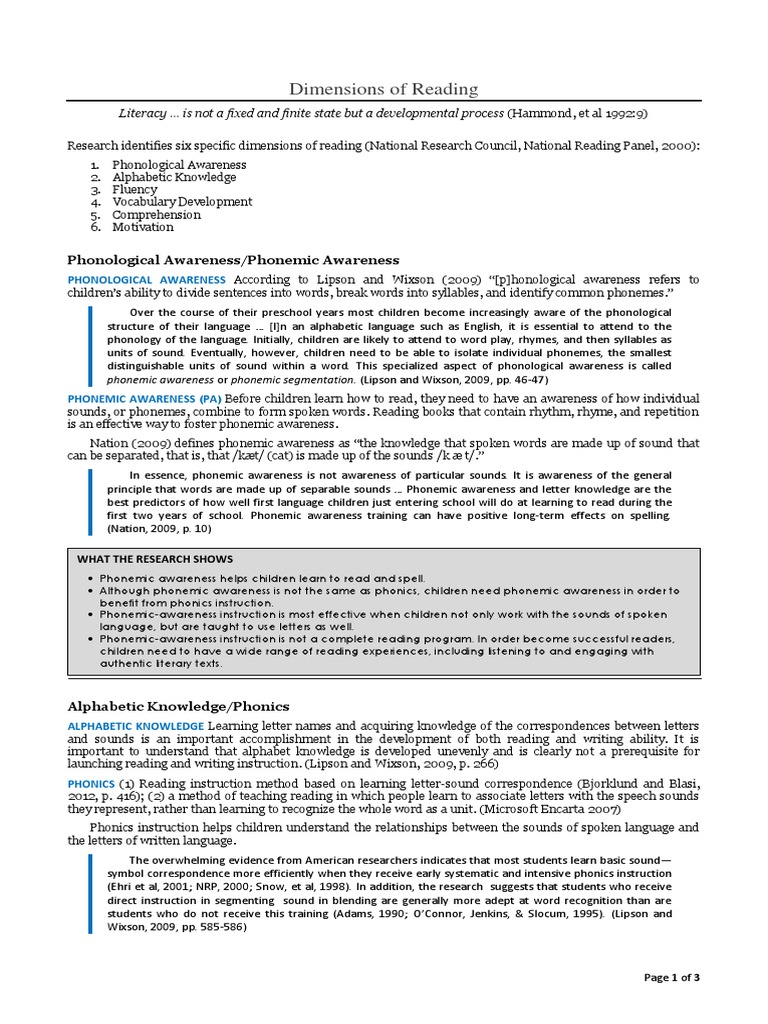 Dimensions of Reading (Report) | PDF | Phonics | Reading Comprehension