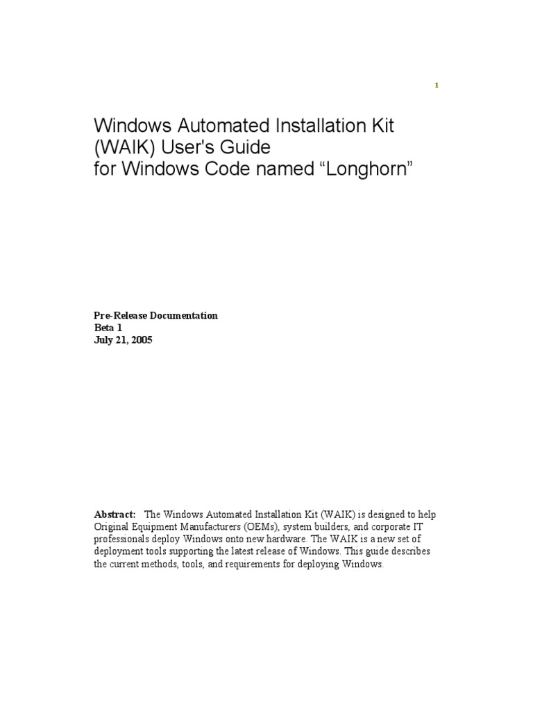 Windows Automated Installation Kit (WAIK) User's Guide For Windows Code ...