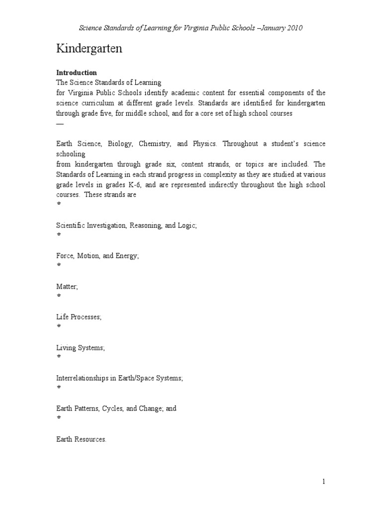 Kindergarten: Science Standards of Learning For Virginia Public Schools ...